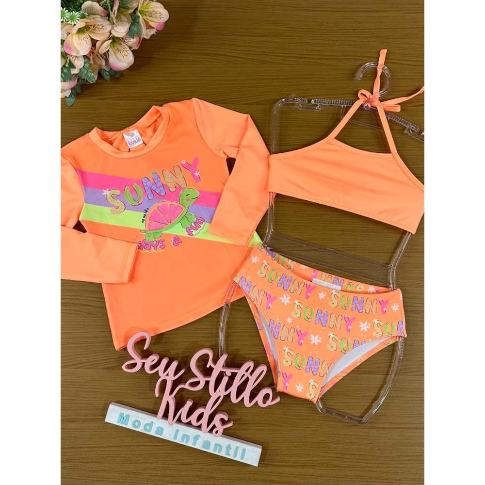 Biquíni Infantil Kukie Verão Com Blusa Manga Longa Laranja Neon E Top
